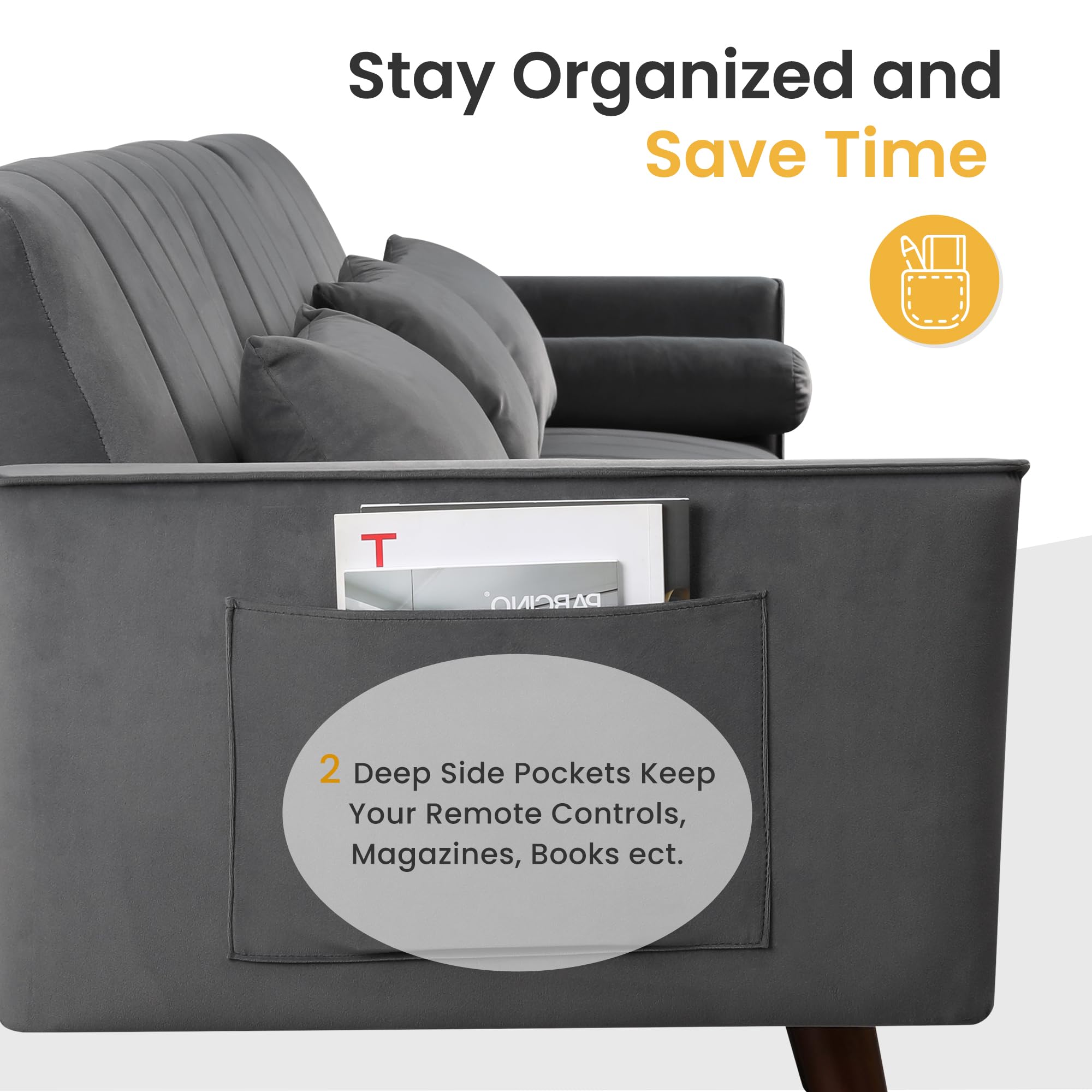 RoyalCraft Velvet Sectional Convertible Sleeper Sofa, 3 Seat Folding Sofa Bed with Reclining Backrest, Modern Futon Couch for Living Room, Apartment, Grey