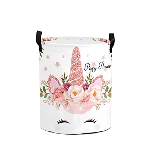 Rose Unicorn Floral Watercolor Star Personalized Laundry Basket Clothes Hamper with Handles Waterproof,Custom Collapsible Laundry Storage Baskets for Bedroom,Bathroom Decorative Large Capacity