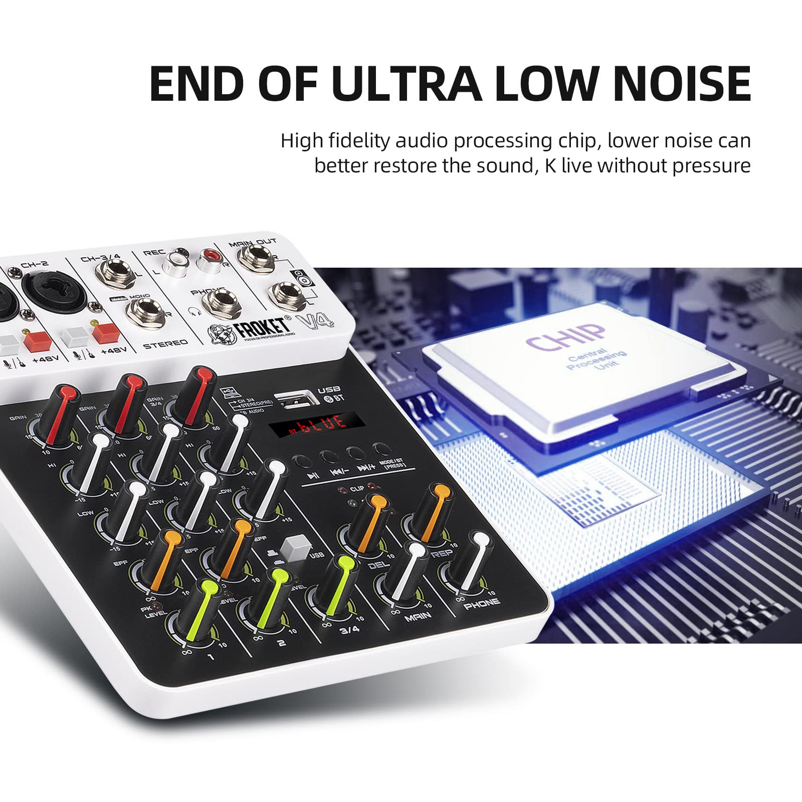 Forket V4 High-Fidelity Audio Mixer and USB Audio Interface - Portable DJ Console and Audio Console for Recording, Streaming, and Live Performances