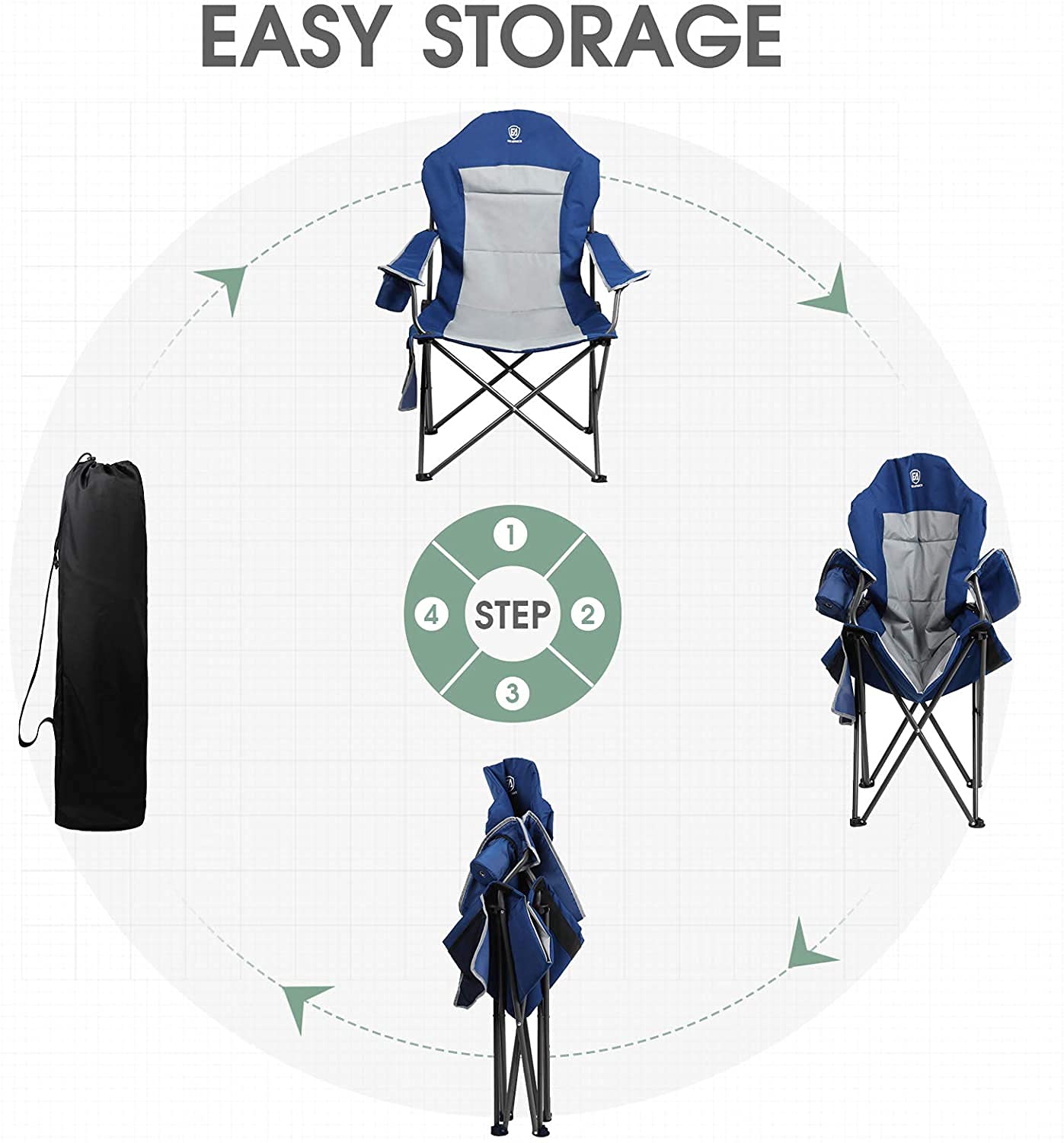 EVER ADVANCED High Back Folding Camping Chair for Outside, Padded Oversized Camp Chair with Cup Holder Side Pocket Carry Bag, Grey