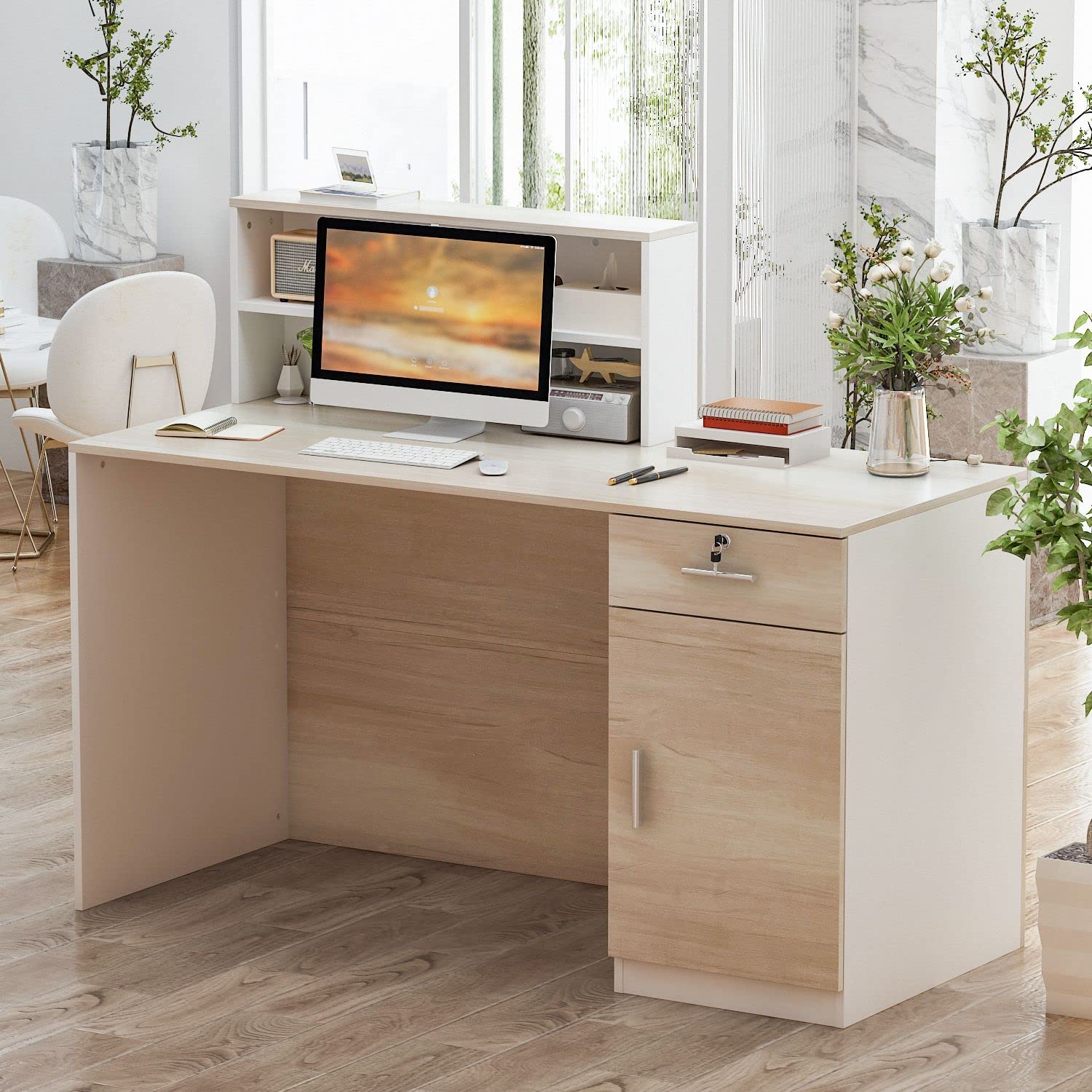FAMAPY Reception Desk Retail Counter with Lockable Drawer & Shelves, Front Counter Desk Reception Counter Table for Salon Lobby Shop White and Oak (55.1”W x 23.6”D x 43.3”H)