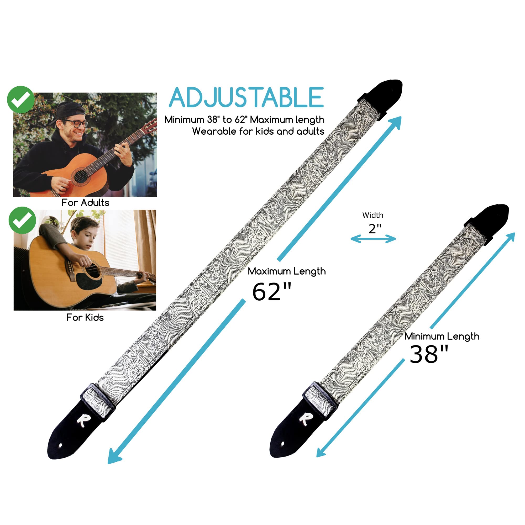 Jesus Guitar Strap, Black and White Genuine Leather Ends, Includes 2 Strap Locks & 1 Pick. Adjustable Strap, For Bass, Electric & Acoustic Guitars Gift for Guitar Players Men, Women & Kids