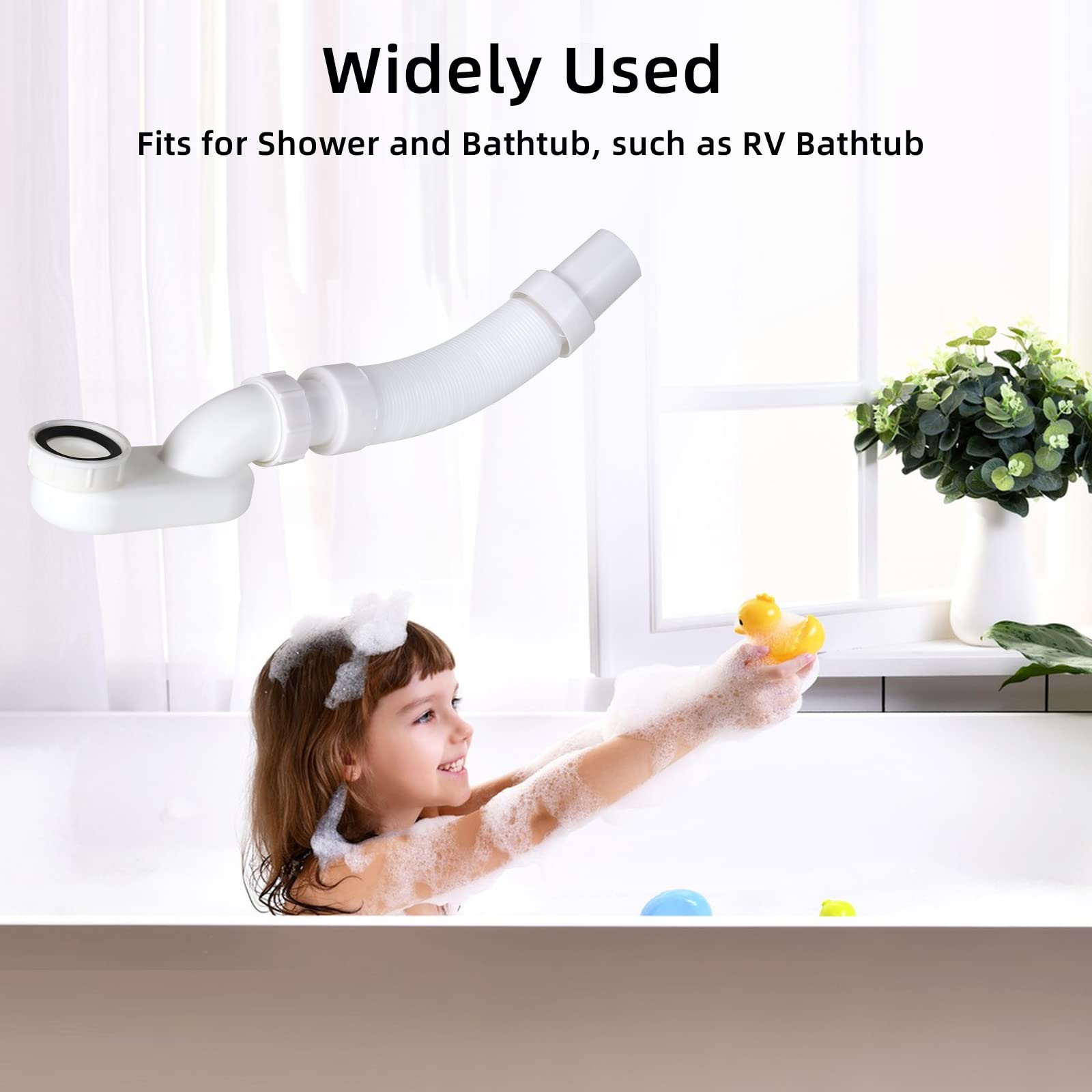 Flexible Freestanding Tub Drain Kit - Low Profile Flat P Trap for Bathtub Shower Drain Pipe - 1 1/2 inch Diameter