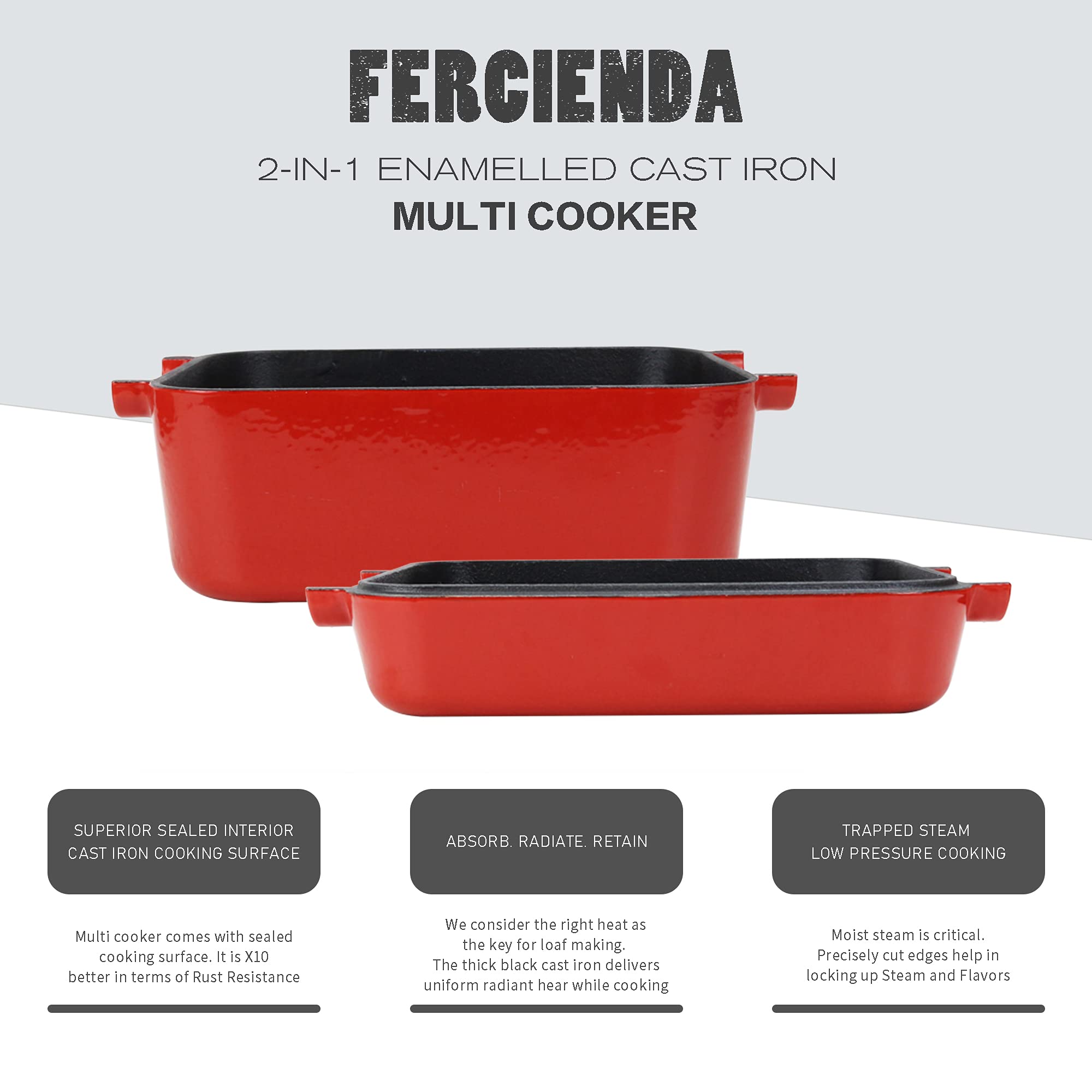 Fercienda 2 in 1 Enameled Cast Iron Pan, 3.5 Quart Double Dutch Oven Set and Rectangle 1.8 Quart Skillet Lid, Use as Loaf Pan or Bread Pan,Cherry