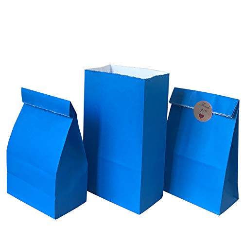 Party Favor Bag 50 pcs Food Safe Paper and Ink, Natural (Biodegradable), Vivid Colored Self-Stand Buffet Bags, Bottom Square Paper Treat Bag. with 60 pcs Stickers 1.5 inch. (Blue)ā¦