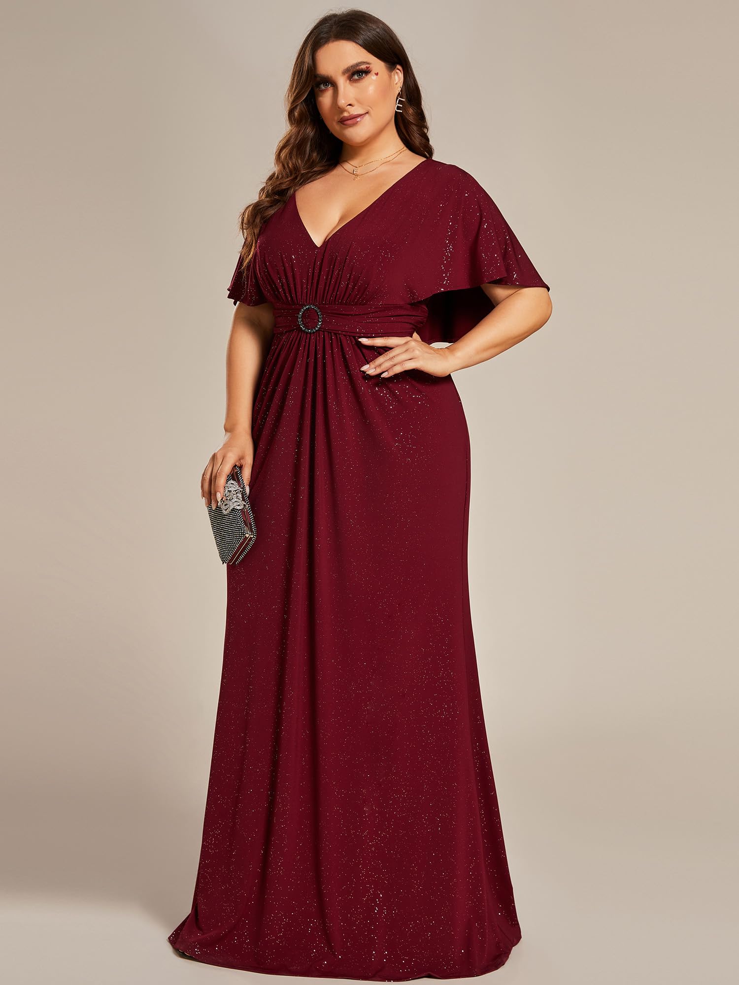 Ever-Pretty Plus Women's Glitter V-Neck Short Sleeve Plus Size Evening Formal Dress for Curvy Women Burgundy US18