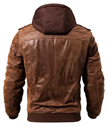 FLAVOR Men Brown Leather Motorcycle Jacket with Removable Hood (Large (US standard), Brown)