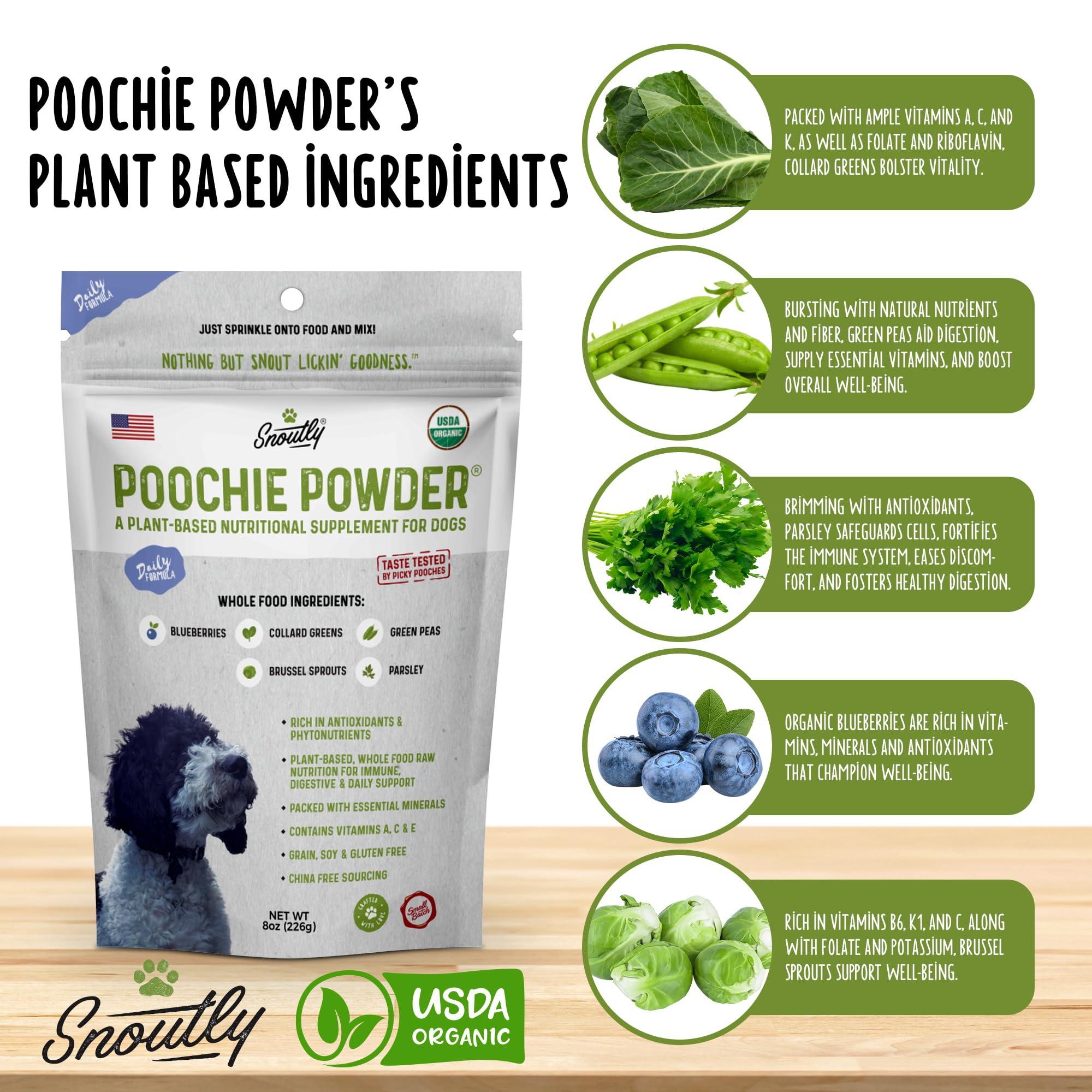 Snoutly Poochie Powder: USDA Certified Organic Dog Supplement & Super Multivitamin - Mother Nature's Vitamins & Minerals for All Dogs & All Ages, Nutritional & Digestion Support, RAW Superfood
