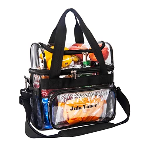 Stadium Approved Double Decker Crossbody Clear Work bag Transparent PVC Lunch Tote Bag Clear Makeup Travel Kit Organizer Bag On Go Clear Lunch Shoulder Bag for Sport Event Concert Correctional Officer