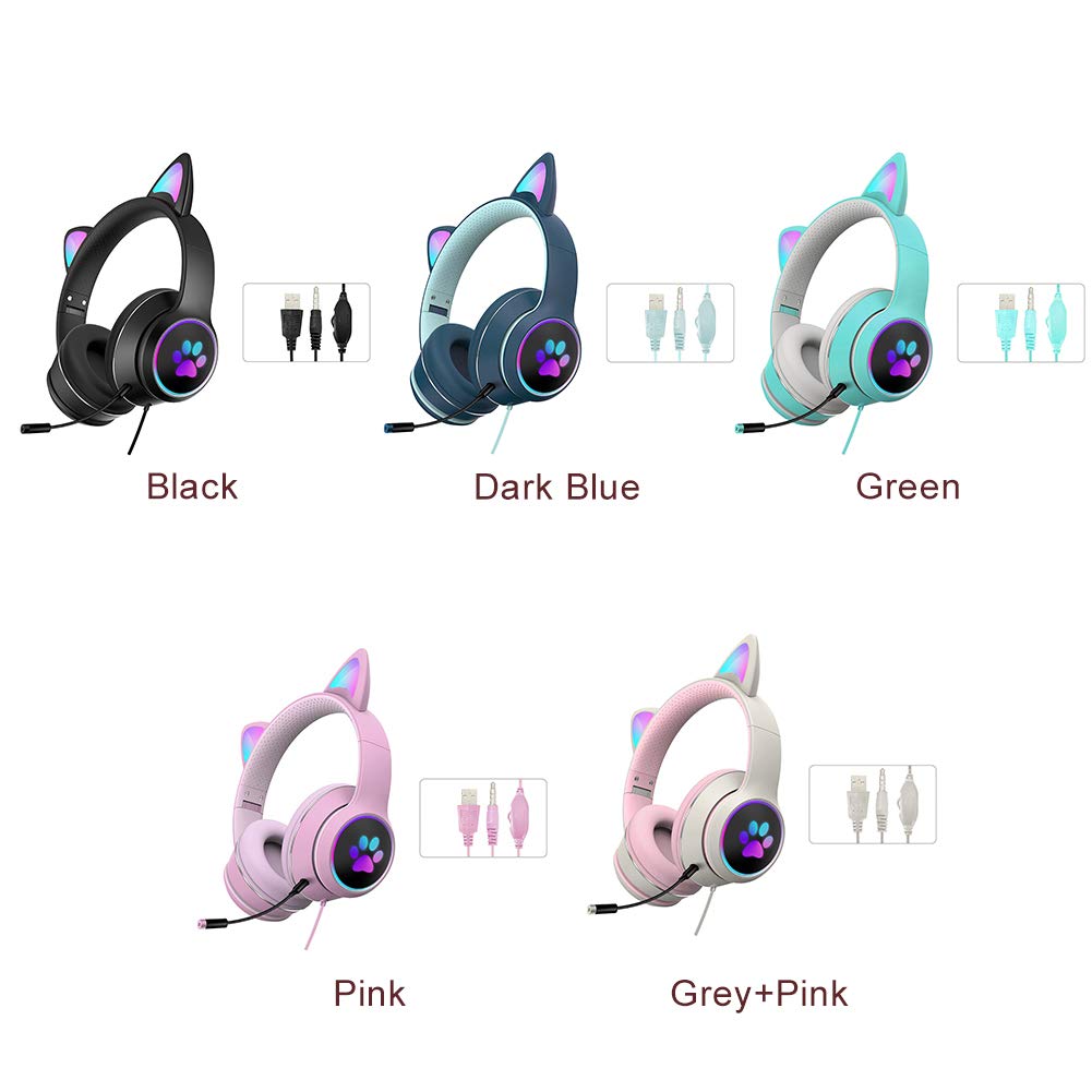 EKDJKK Cat Ear Bluetooth Headphones Foldable Wireless LED Light Up Foldable Headphones HiFi 3.5MM Noise Reduction Headphones Computer Gaming Headset with Microphone and Volume Control