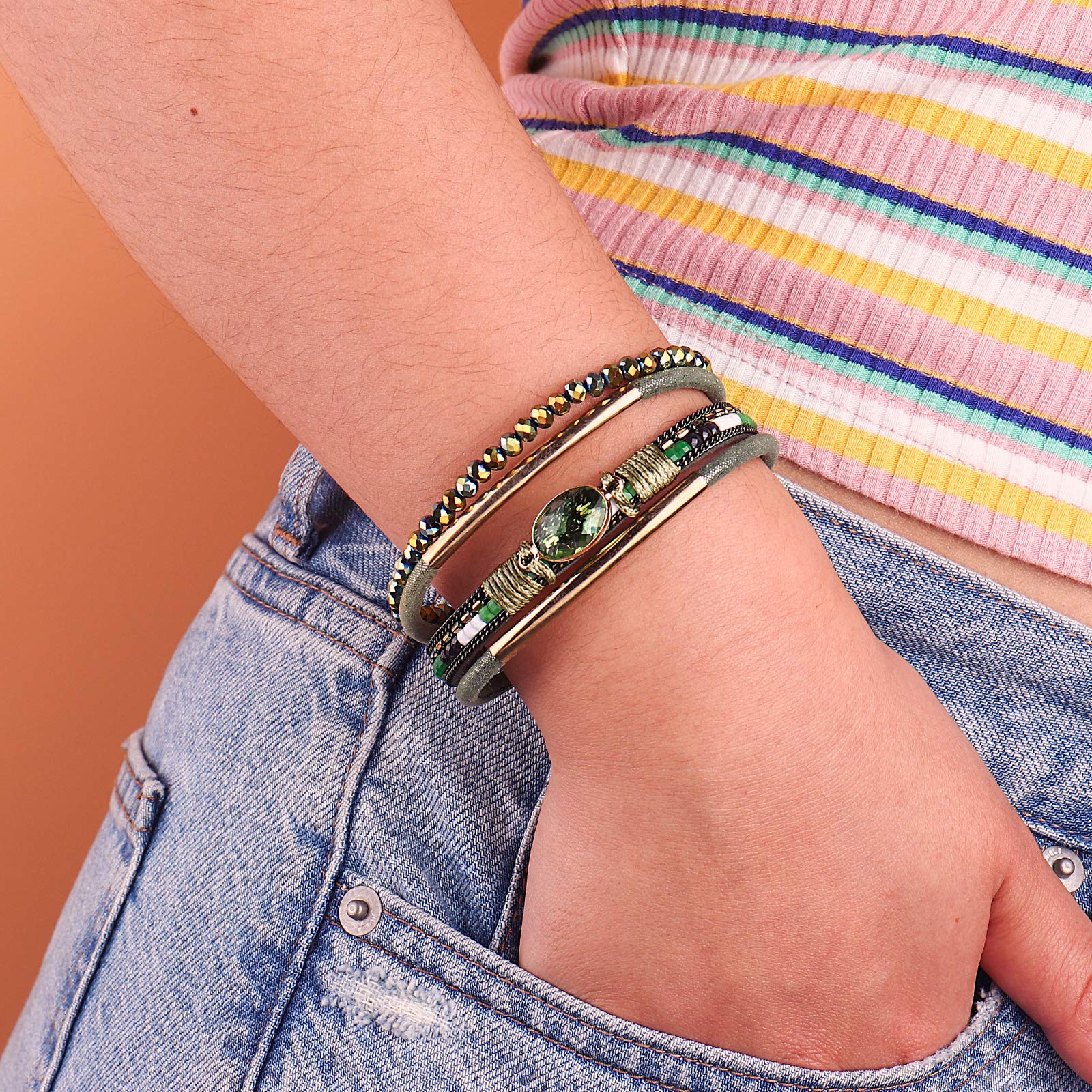 FANCY SHINY Leather Wrap Bracelets Crystal Beads Bracelet Boho Cuff Stone Charm Bracelets with Clasp Costume Jewelry for Women(Dark Green)