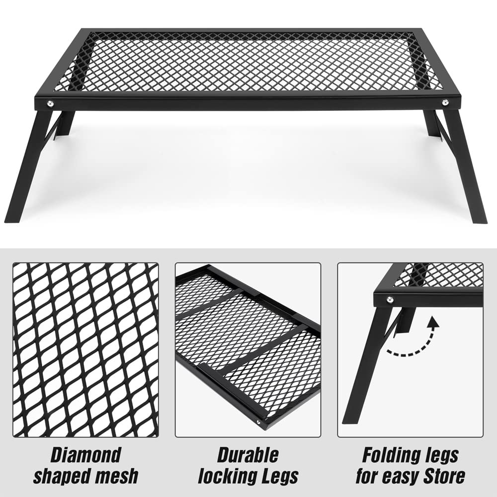 Folding Campfire Grill Heavy Duty Steel Grate with Legs Portable Over Fire Camp Grill for Outdoor Cooking Grill Traveling Picnic, Black (21.6" x 11.8")