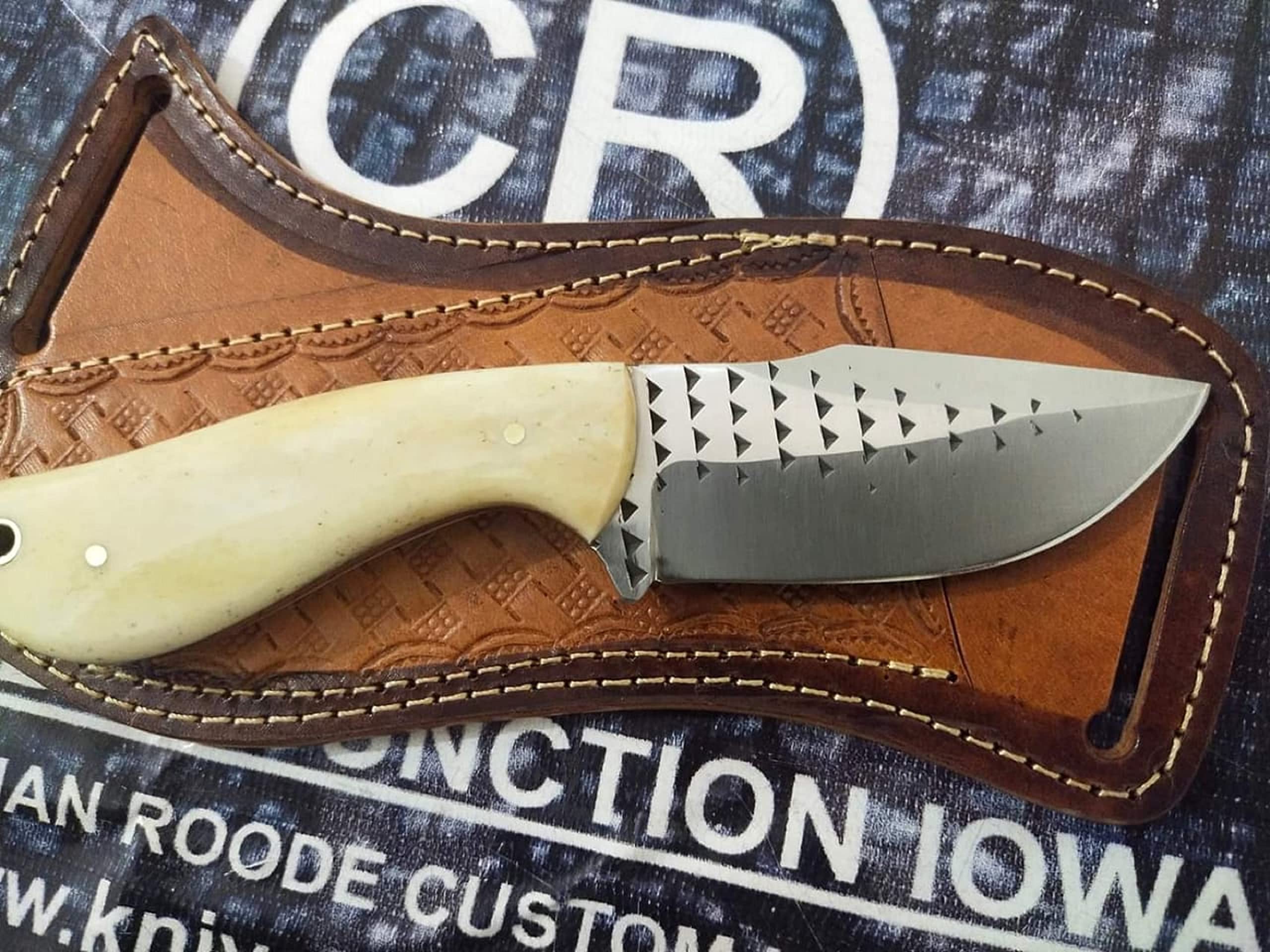 Handmade Camel Bone Handle Hoof Rasp Steel Tactical Hunting Knife with leather sheath Full tang blade designed for Hunting & EDC