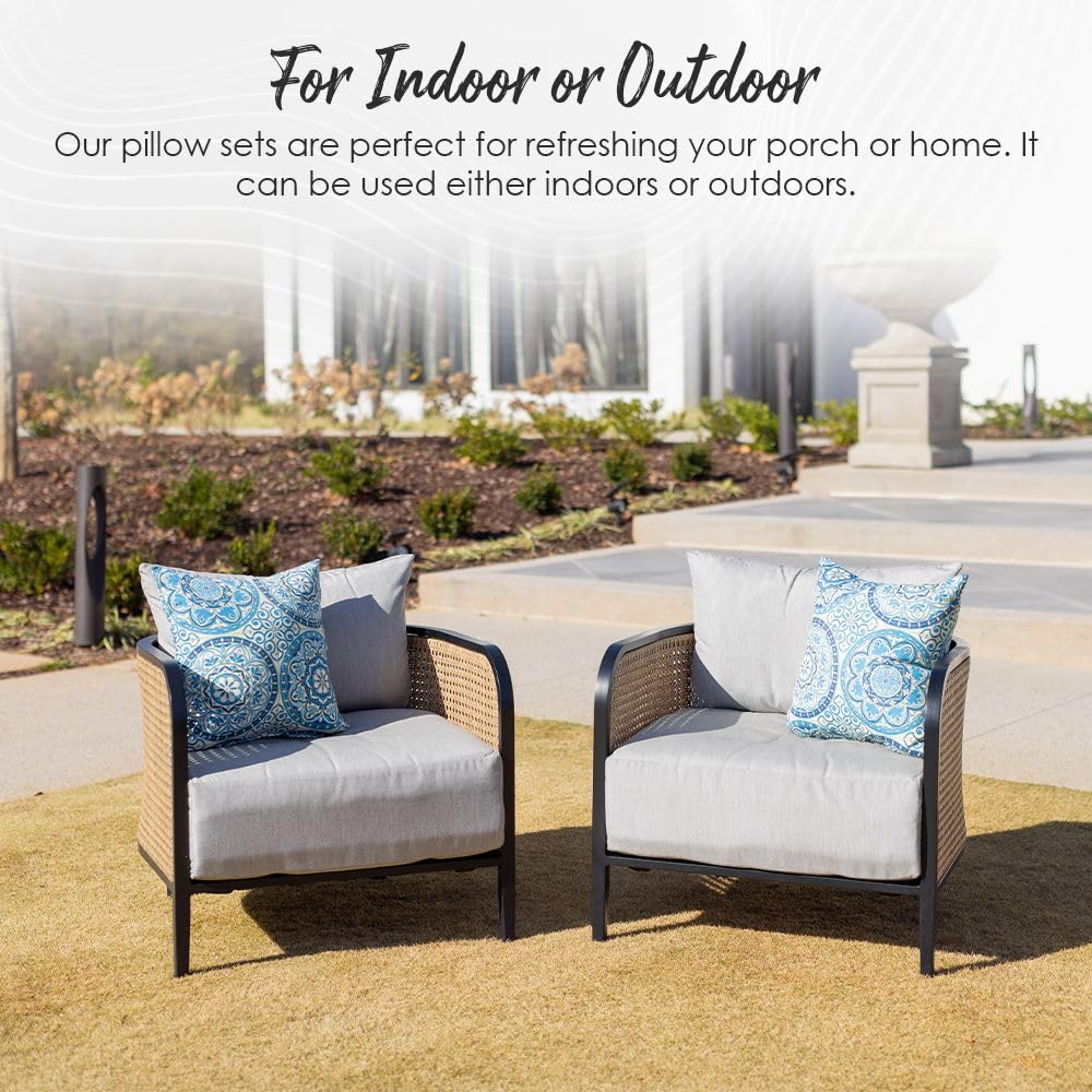 RSH DECOR: Sunbrella Square Throw Pillows Set of 4 | 24" x 24" | Water and Fade-Resistant Performance Fabric | Outdoor Pillow Covers with Down-Alternative Inserts | Milano Cobalt