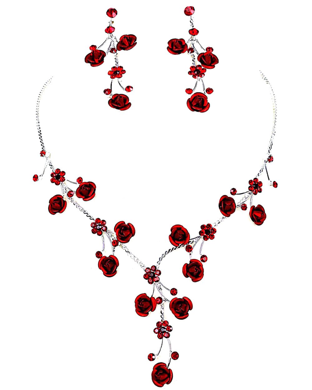 Faceted Metal Rose & Crystal Rhinestone Necklace & Earring set for Bridal, prom (Red)