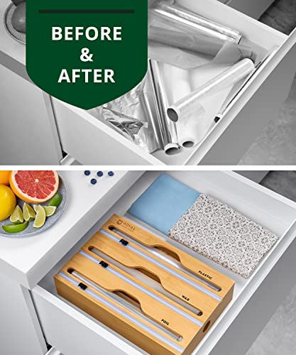 ROYAL CRAFT WOOD Bamboo Kitchen Drawer Organizer with 3 Slots for Food Storage Containers, Kitchen Foil, and Plastic Wrap β Includes Cutter