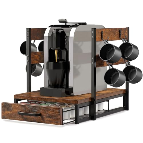 Evermagin K Cup Holder Drawer - Coffee Pod Organizer for Counter, Sturdy K-Cup Storage Drawer with Mug Rack, Coffee Maker Stand, 35 Pods Capacity, Rustic Brown