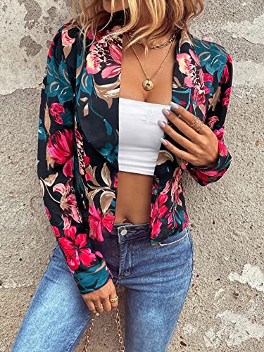Floerns Women's Floral Print Long Sleeve Open Front Shawl Collar Jacket Blazer Black L