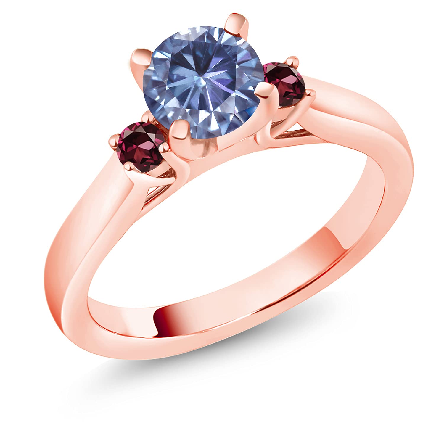 Gem Stone King 18K Rose Gold Plated Silver Persian Blue Moissanite and Red Rhodolite Garnet 3-Stone Engagement Ring For Women (0.98 Cttw, Round 6MM, Gemstone Birthstone, Size 9)