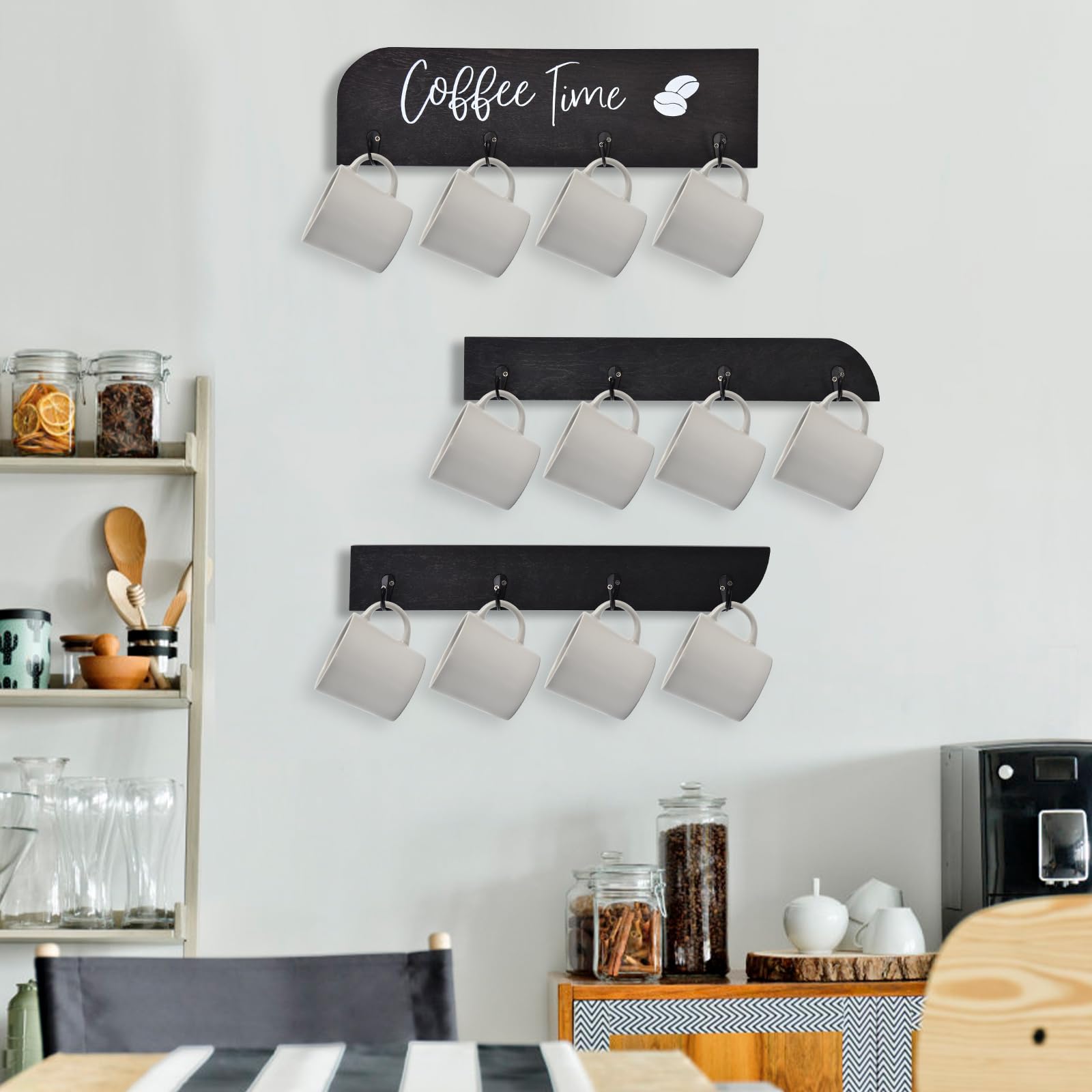 EMAISON Solid Wood Coffee Mug Holder Wall Mounted, Rustic Cup Rack with 12 Hooks Large Space for Big Cups for Kitchen, Home, Coffee Bar Station,Black
