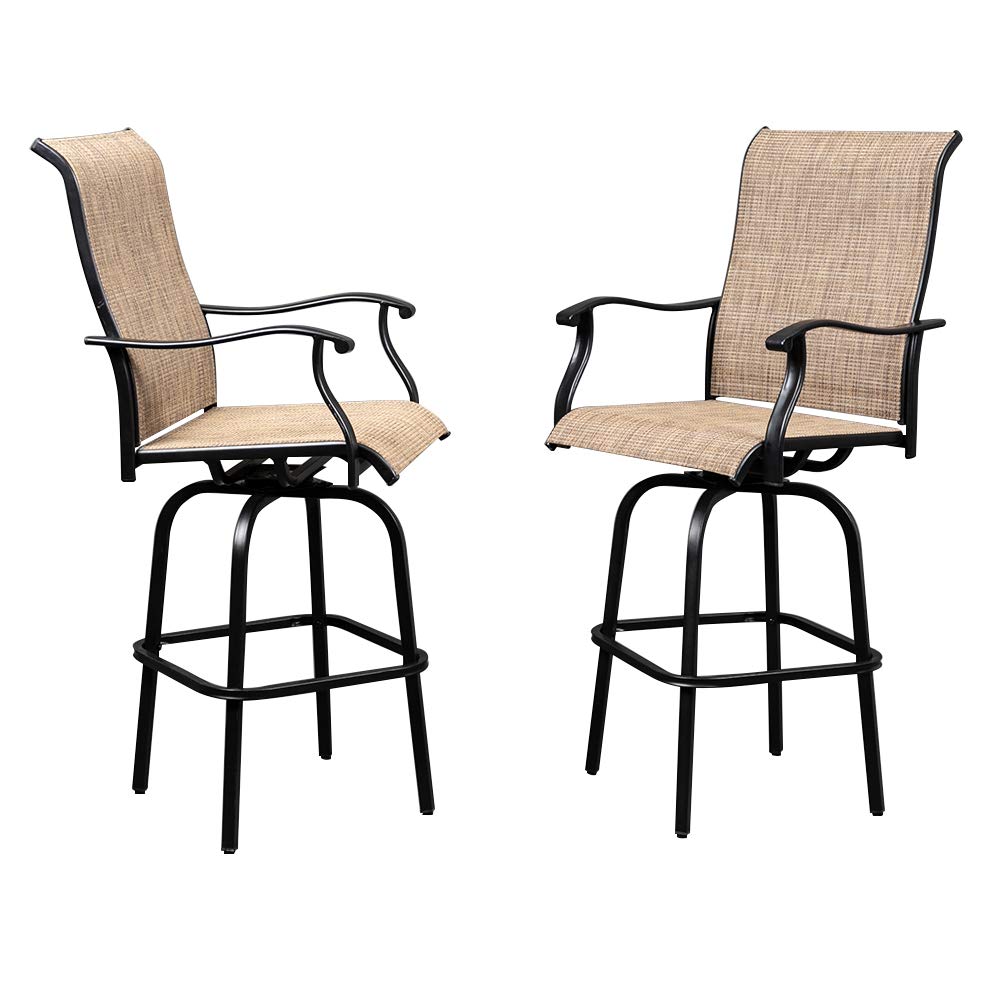 VINGLI 2 Pieces Outdoor Swivel Bar Stools, Patio Metal Bar Chairs Set of 2, All-Weather Bar Height Outdoor Chairs for Outside, Yard, Lawn, Poolside and Garden (2 Chairs, Brown)