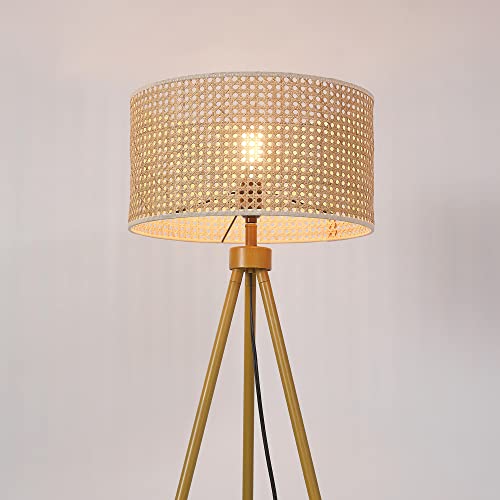 Globe Electric 65914 60" Floor Lamp, Faux Wood Tripod Base, Rattan Shade, On/Off Rotary Switch on Socket