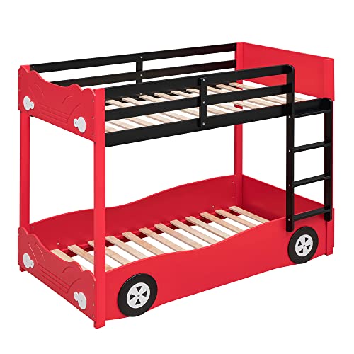 OYN Twin Over Twin Car-Shaped Bunk Bed Frame with Wheels for Children Teens Boys and Girls, Red