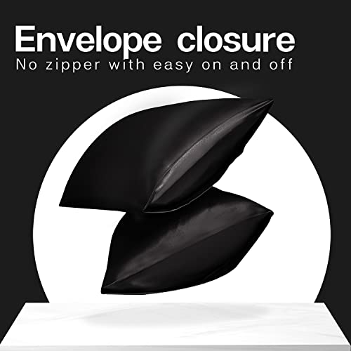 MR&HM Satin Pillowcase for Hair and Skin, Silk Satin Pillowcase 2 Pack, Standard Size Pillow Cases Set of 2, Silky Pillow Cover with Envelope Closure (20x26, Black)