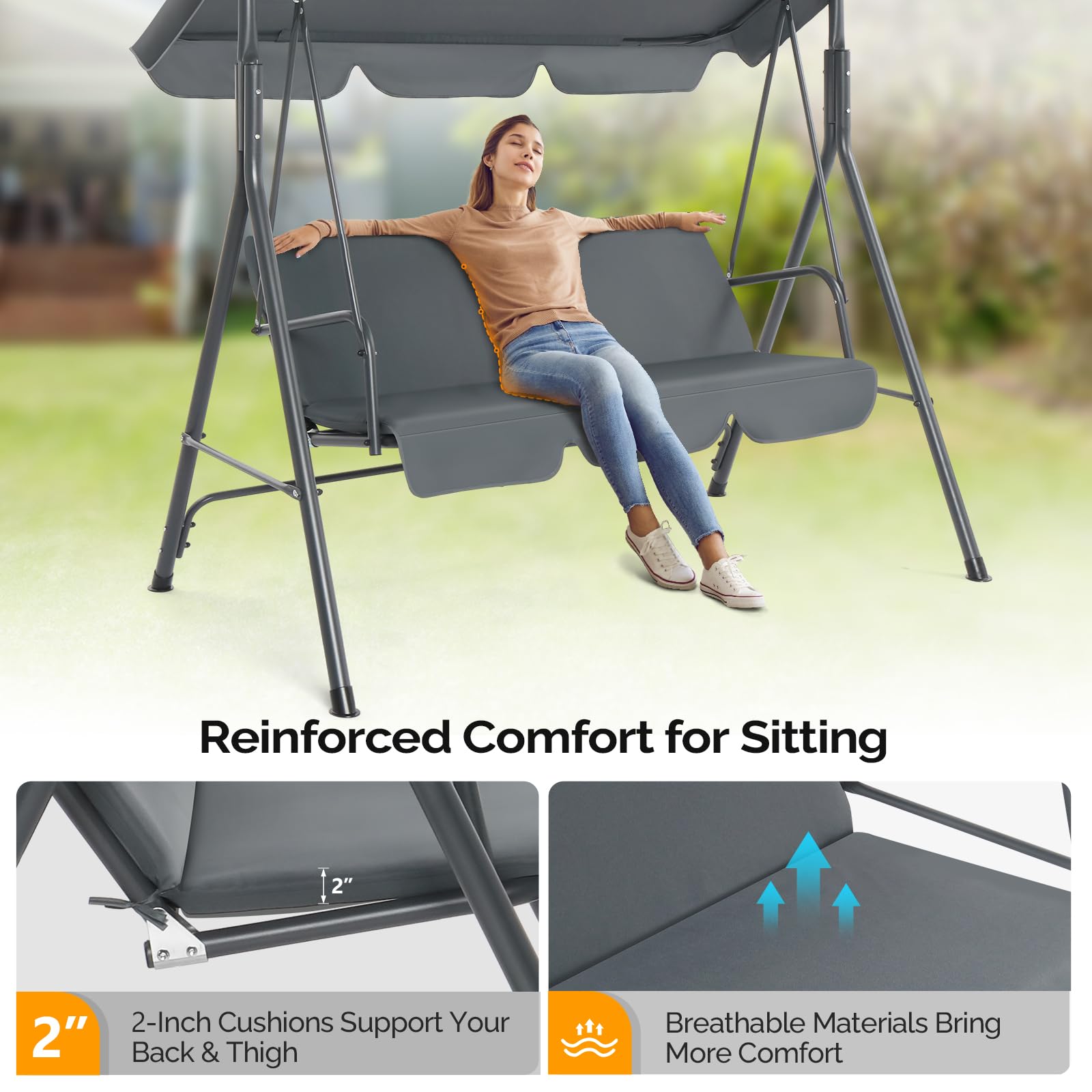 VINGLI Heavy Duty 550 LBS Upgraded 2 Person Outdoor Porch Swing with Stand, Adjustable Canopy Swing with Cushions & Steel Frame for Yard, Pool, Lawn, Indoors (Grey)