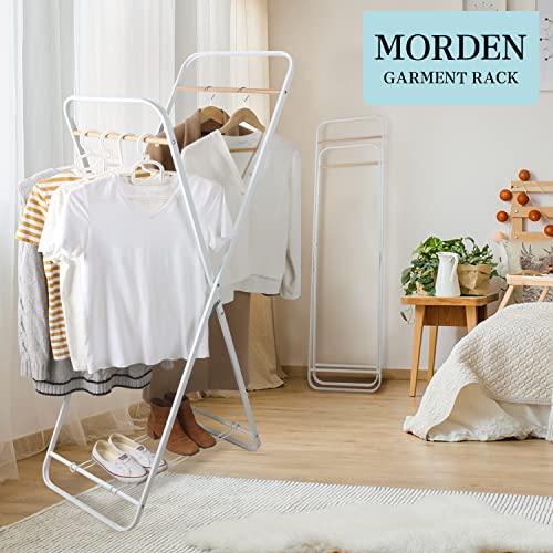 ZOES HOMEWARE Modern Foldable Garment Rack Heavy Duty Collapsible Clothing Rack for Hanging Clothes,Portable Steel Standing Clothes Rack with Shelves for Clothes,Space Saving-White