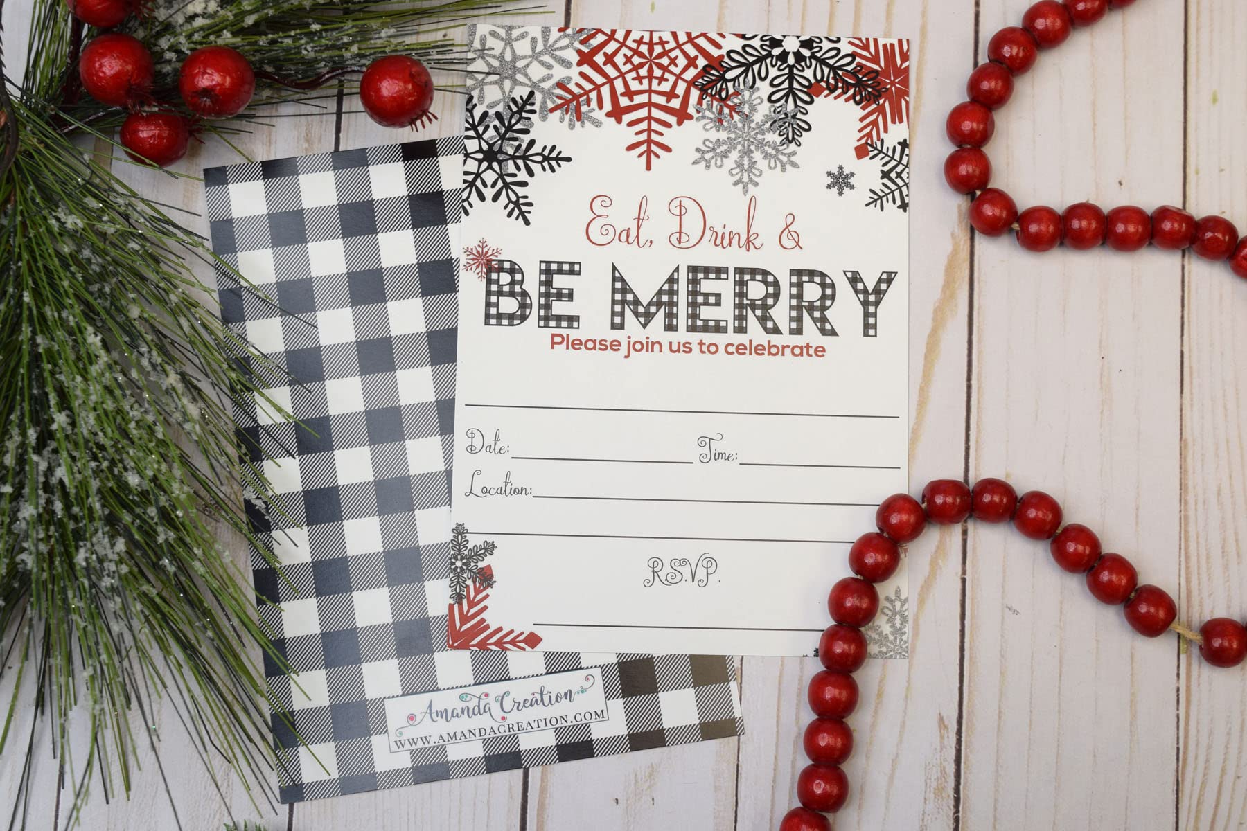 Eat Drink & Be Merry Snowflake Christmas Holiday Party Invitations, 20 5"x7" Fill In Cards with Twenty White Envelopes by AmandaCreation