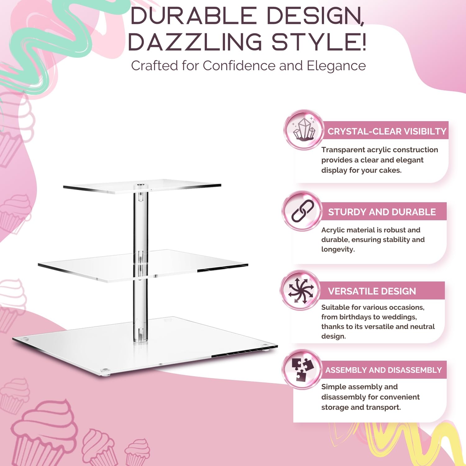 Flexzion 3 Tier Cupcake Stand Acrylic Cupcake Holder Tower Dessert Table Display Set Clear Square Stand, Food Display Stands for Party, Weddings, Birthdays, Reusable Mini Cake Tier Stand