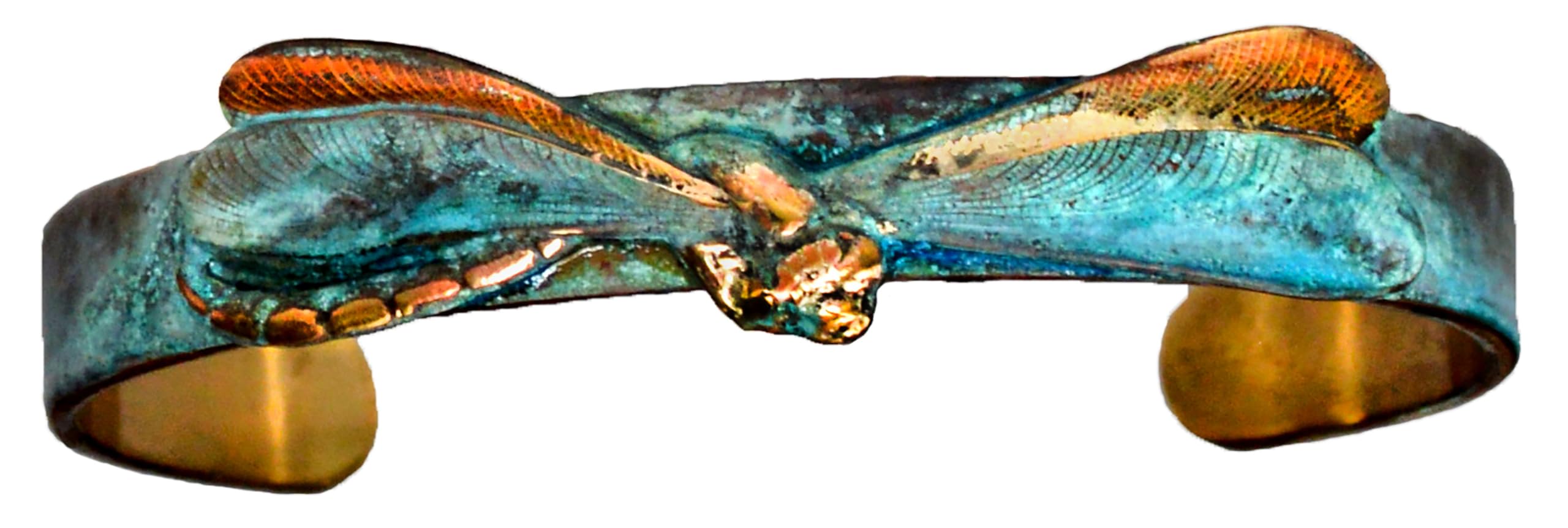 Elaine Coyne Collectible Artwear Verdigris Patina Solid Brass Realistic Dragonfly Skinny Cuff Bracelet