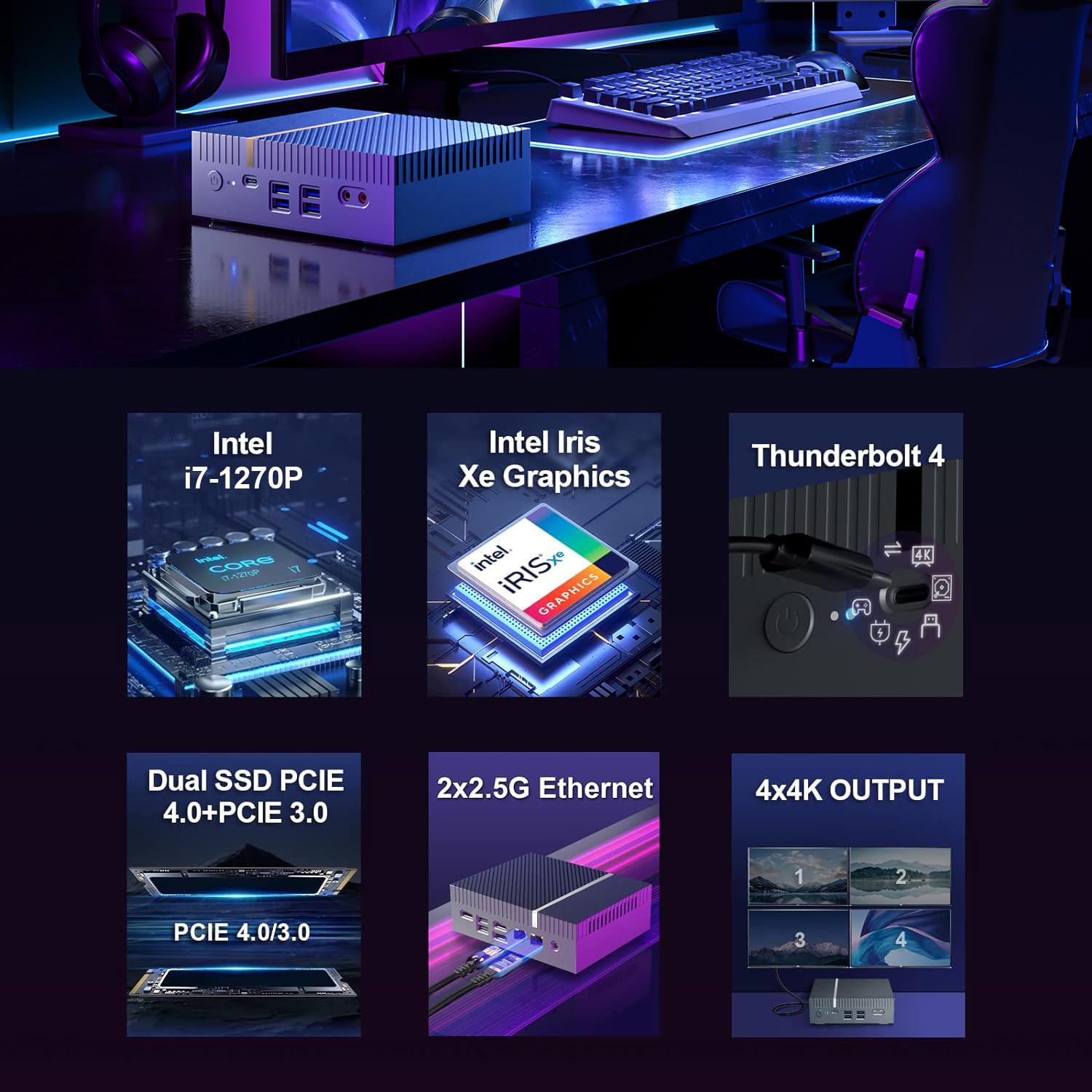 goodtico Mini PC Gaming IT12 Intel 12th i7-1270P 12Cores 16Threads,Mini Desktop Gaming Computer,16G RAM 1TB PCIE 4.0 SSD,Build in Thunderbolt 4, 2x2.5G Intel Ethernet,4x4K Output,WiFi 6 Windows 11Pro