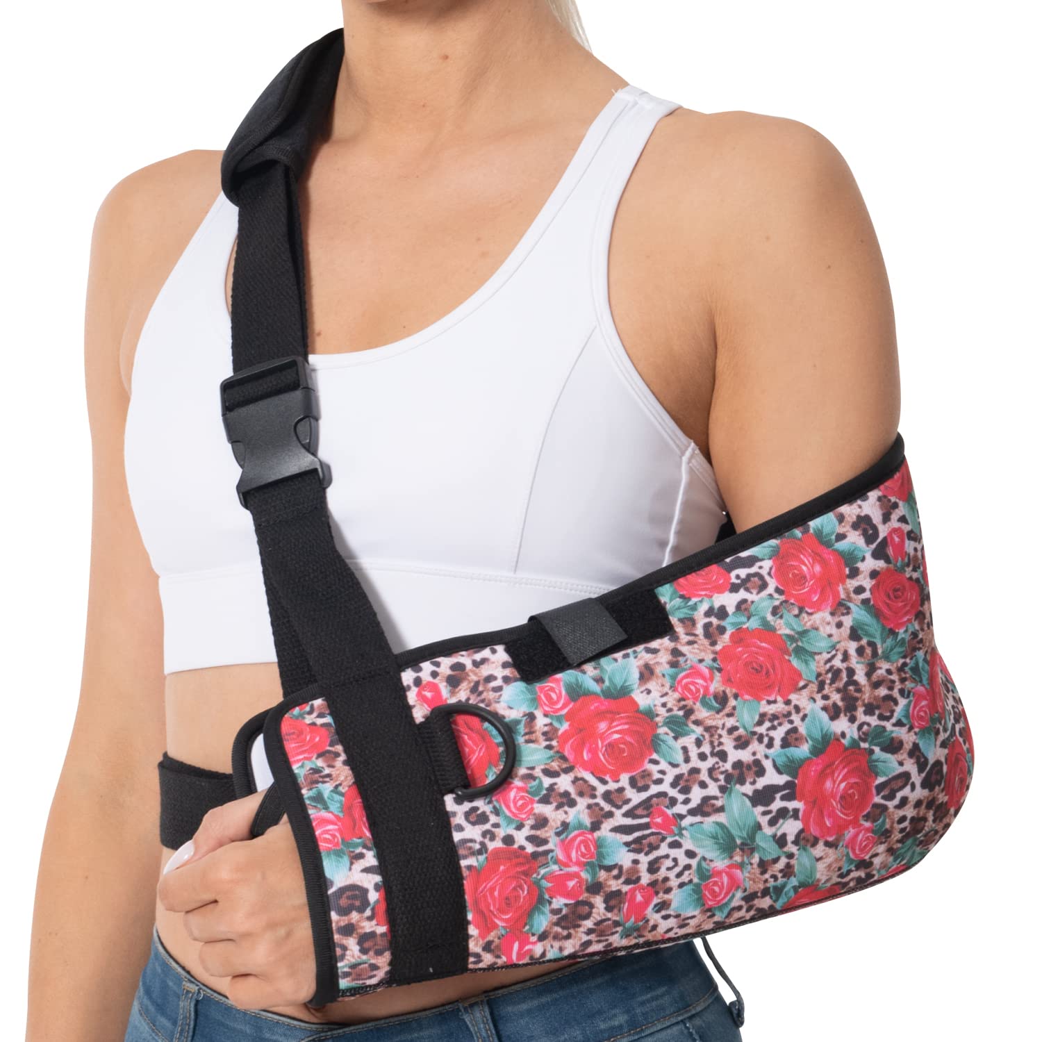 Fotgok Foam Arm Shoulder Sling with Waist Strap Arm Brace Support Elbow Brace for Shoulder Injury for Women, Red Rose Leopard