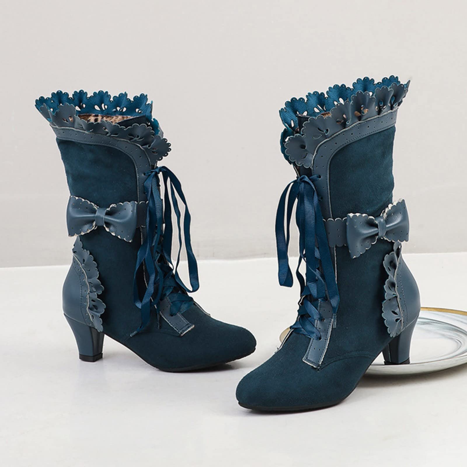 FASDNENDYS Womens Shoes Plus Size Lace Bow High Thick Heel Front Lace Up Plus Size Womens Short Wide Calf Boots for Women Western Blue