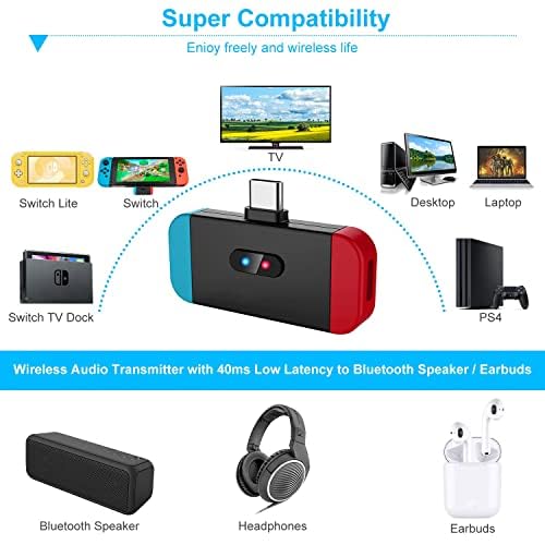 Friencity Bluetooth Transmitter Adapter for PC or Switch, Low Latency Wireless Audio Dongle w/USB C to A Converter for Nintendo Switch PC PS4 Bose Sony Headphones, in-Game Voice Chat & Dual Link