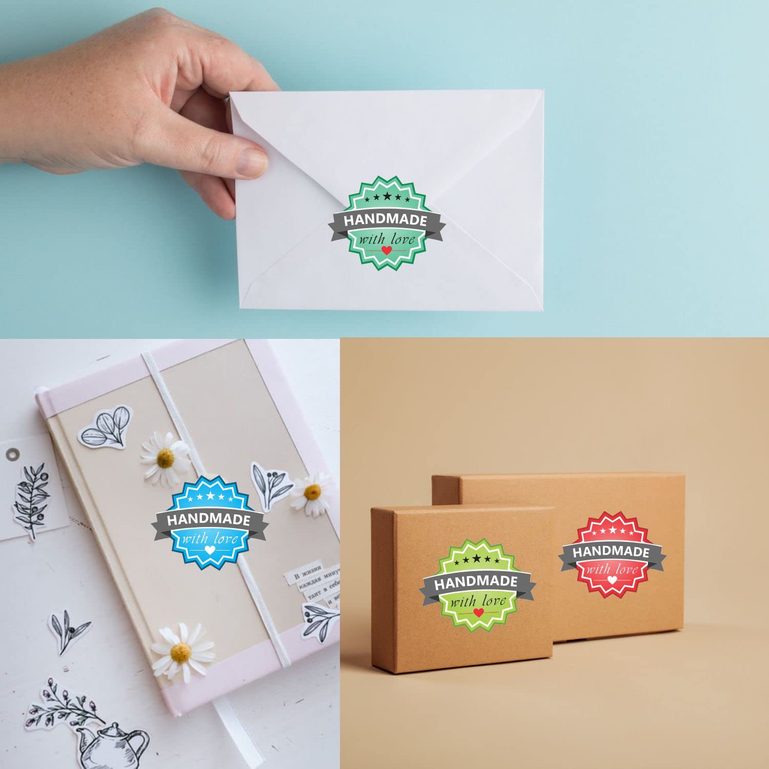 Handmade with Love Stickers - (Pack of 300) 2.2" x 1.7" Large in Sheets Essential Small Business Labels for Packaging Gift Envelopes Seals Boxes - Multi Color