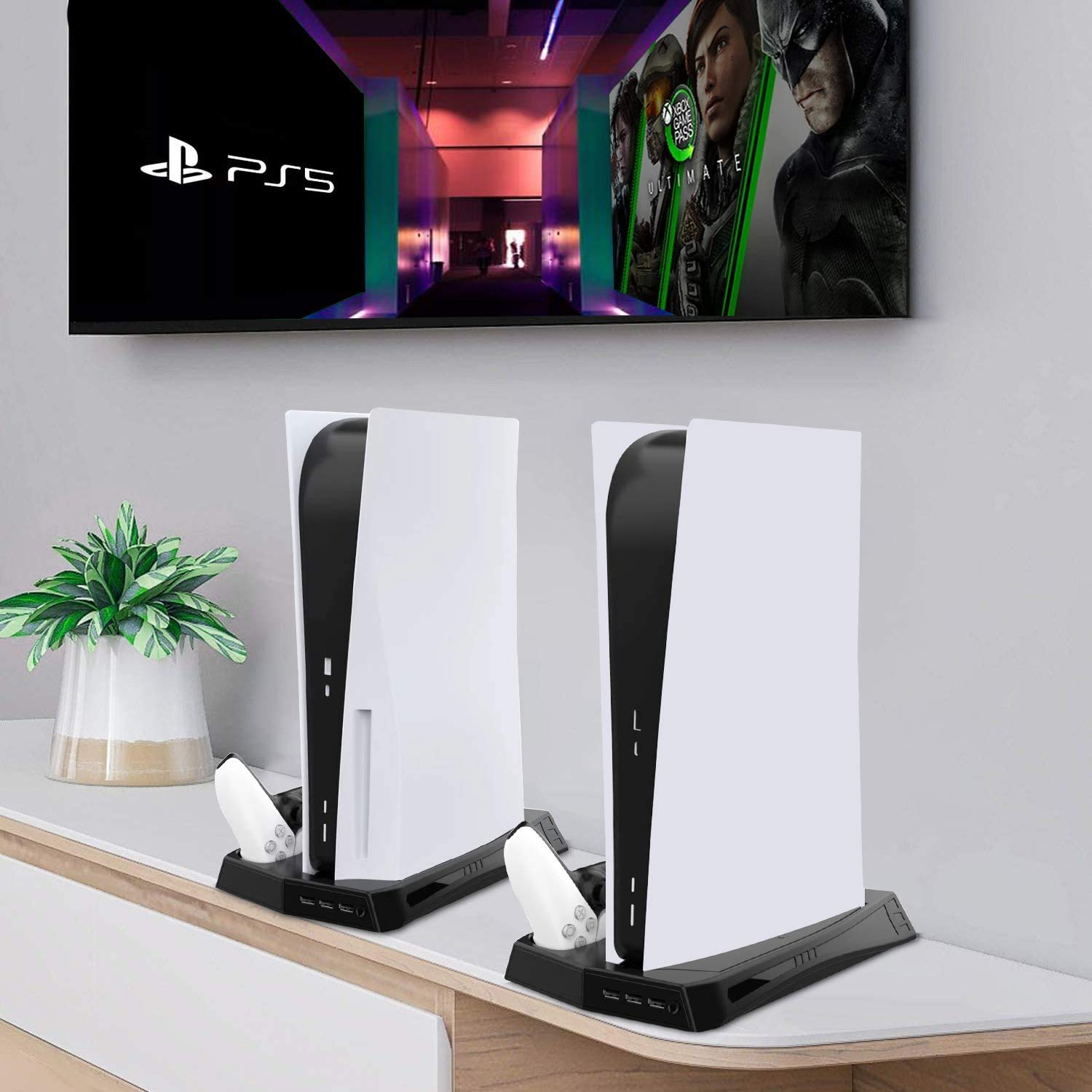 for PS5 DE/UHD Vertical Stand,Including 2 DualSense Controller Charging Dock and Stand with Cooling Fan Compatible for Playstation5 ,3 USB. Charging Station Dock with Dual Controller Charger Ports.
