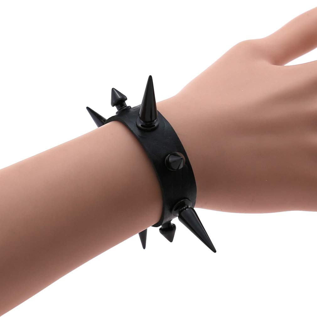 FM FM42 Women Red PU Simulated Leather Black-tone Long and Short Rivets Spike Spiked Punk Gothic Adjustable Bracelet, Pack of 2