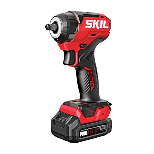 SKIL PWR CORE 12 Brushless 12V 3/8 In. Compact Impact Wrench Kit with 3-Speed & Halo Light Includes 2.0Ah Lithium Battery and PWR JUMP Charger - IW6744A-10