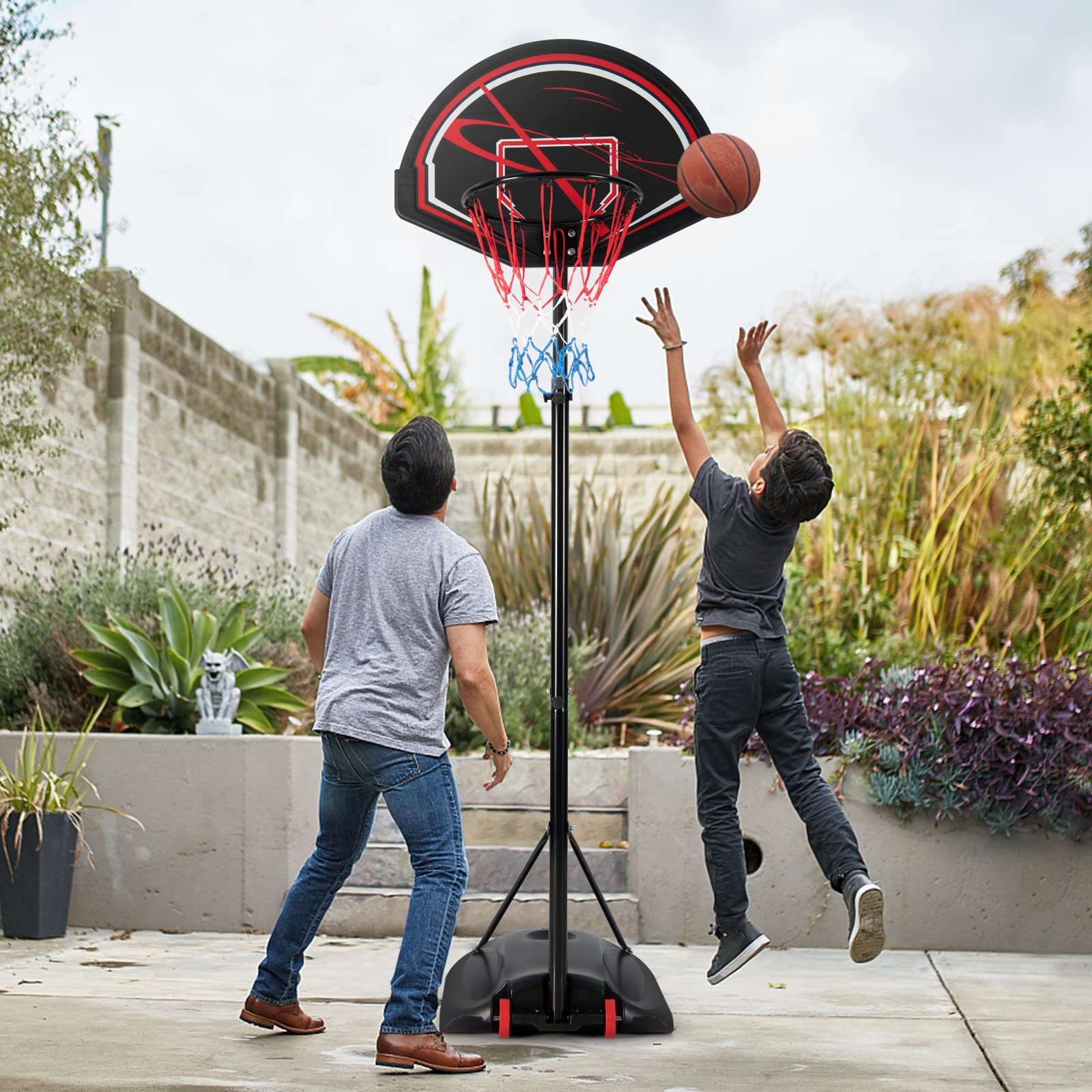 Goplus Portable Basketball Hoop Outdoor, 6.9-8.9 FT Height Adjustable Basketball Goal with 32ββ Shatterproof Backboard, Fillable Base, 2 Nets, 2 Wheels, Indoor Basketball Stand for Kids Youth Adults