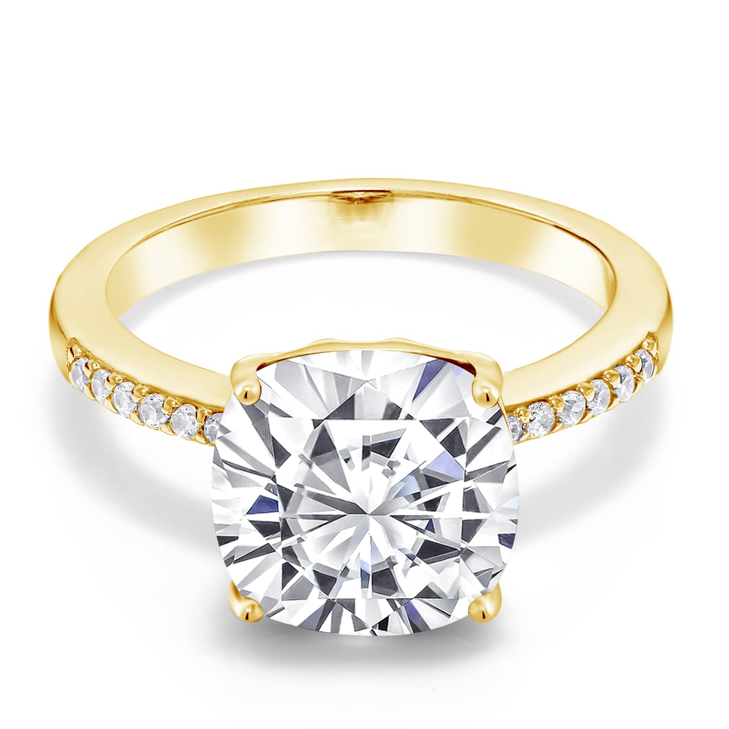 Gem Stone King 18K Yellow Gold Plated Silver 10MM Cushion Gemstone Birthstone Engagement Ring | Wedding Anniversary Promise Ring For Women | Available In Size 5, 6, 7, 8, 9