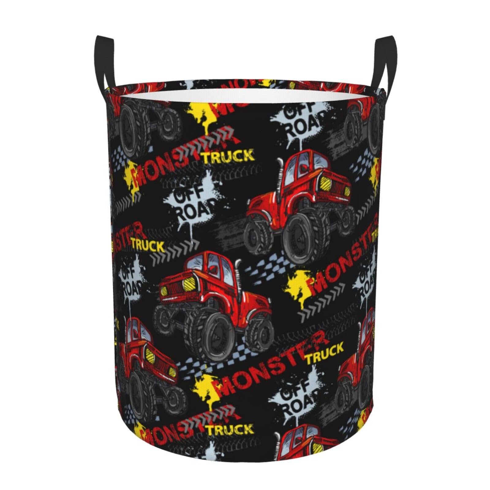 Grunge Monster Truck Cars Pattern Laundry Hamper With Handle Foldable Durable Laundry Basket Storage Bin Dirty Clothes Organizer Bag For Bedroom Bathroom Nursery