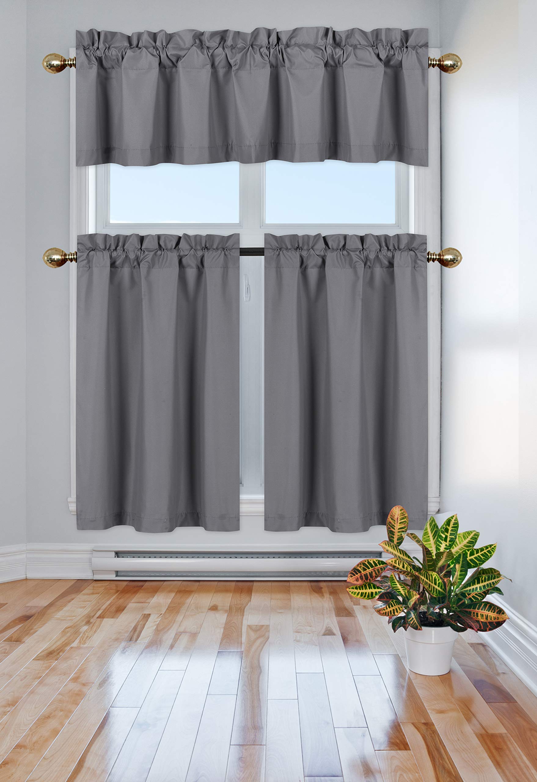 Elegant Home Collection 3 Piece Solid Color 90% Blackout Kitchen Window Curtain Set with Tiers and Valance Solid Thermal Room Darkening Drape Window Treatment # R3 MF (Dark Grey/Charcoal)
