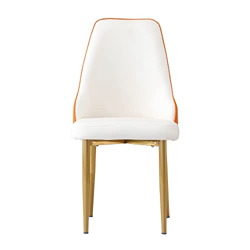 Montary Dining Chairs Set of 2, Modern White Back Pleats Faux Leather Chairs with Gold Metal Legs and Ergonomic Backrest for Living Kitchen Dining Room Chairs (Orange Chairs)