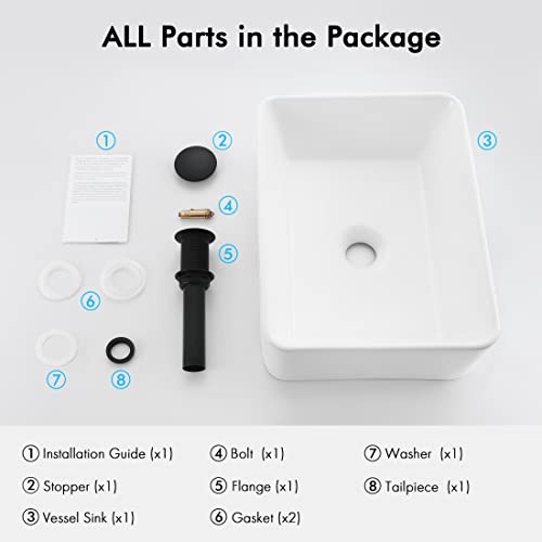 KES Rectangle Bathroom Sink with Bathroom Sink Drain Combo, 16" x 12" White Ceramic Vessel Sink Above Counter with Pop Up Drain Stopper Brass and Stainless Steel Matte Black, BVS110S40+S2008D-BK
