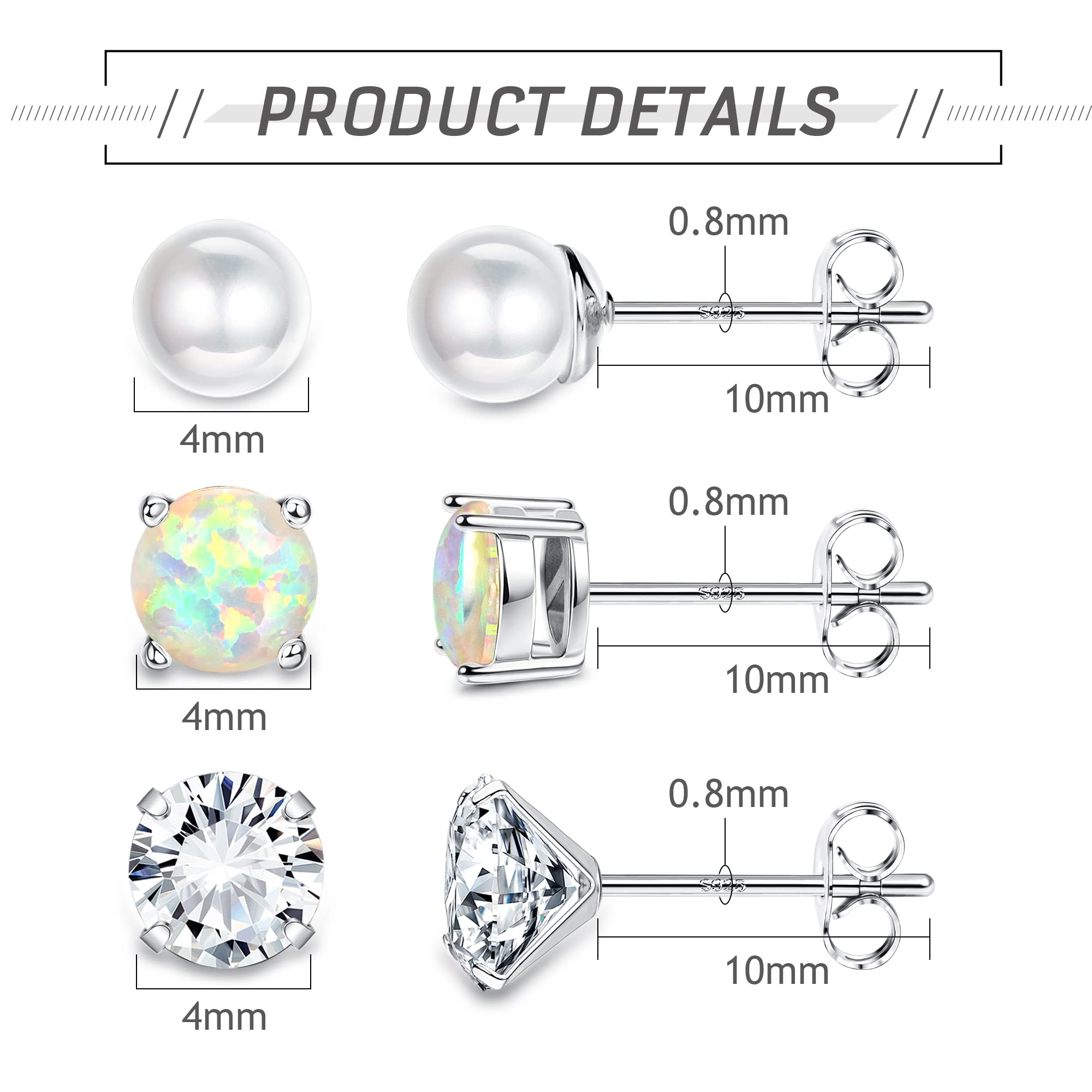 FIASASO 3 Pairs Sterling Silver Stud Earrings for Women Men Teen Hypoallergenic Earrings Pearl Opal CZ Stud Earrings Tiny Stud Earrings Set