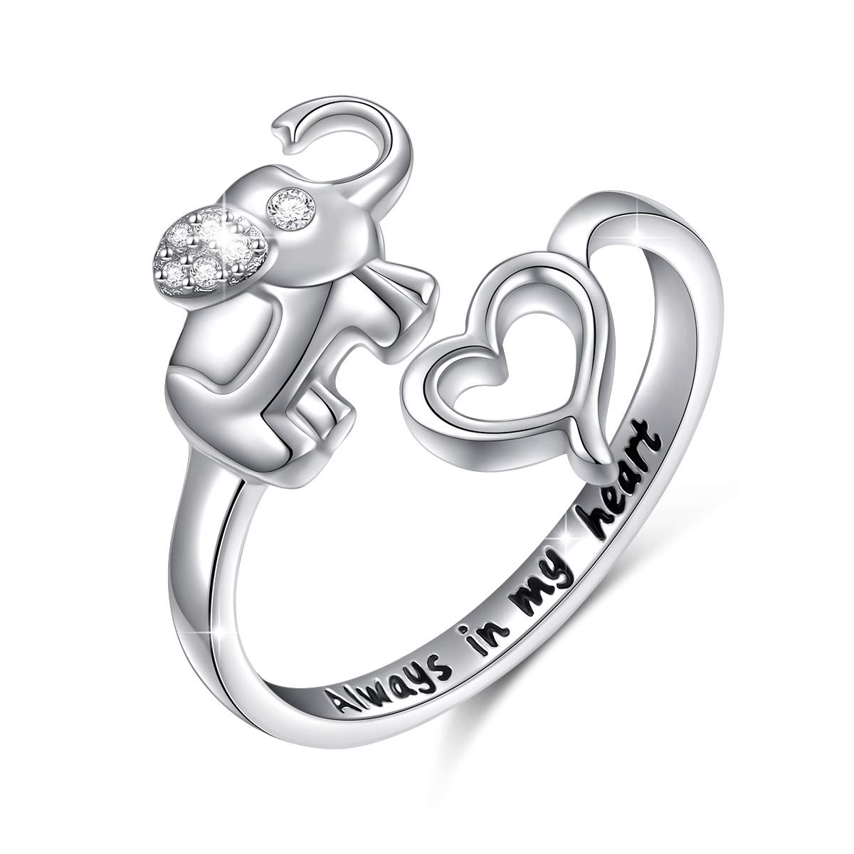 FLYOW Elephant Ring Sterling Silver Engraved Always in My Heart Lucky Elephant Adjustable Wrap Open Ring for Women, Size 7