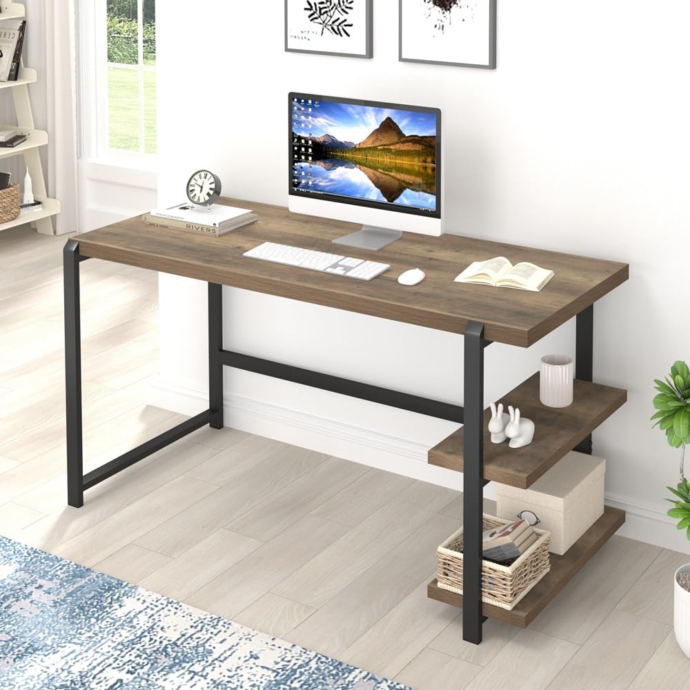 FOLUBAN Computer Desk, Home Office Desk with 2 Storage Shelves on Left or Right, Modern Study Writing Table, Oak 55 inch